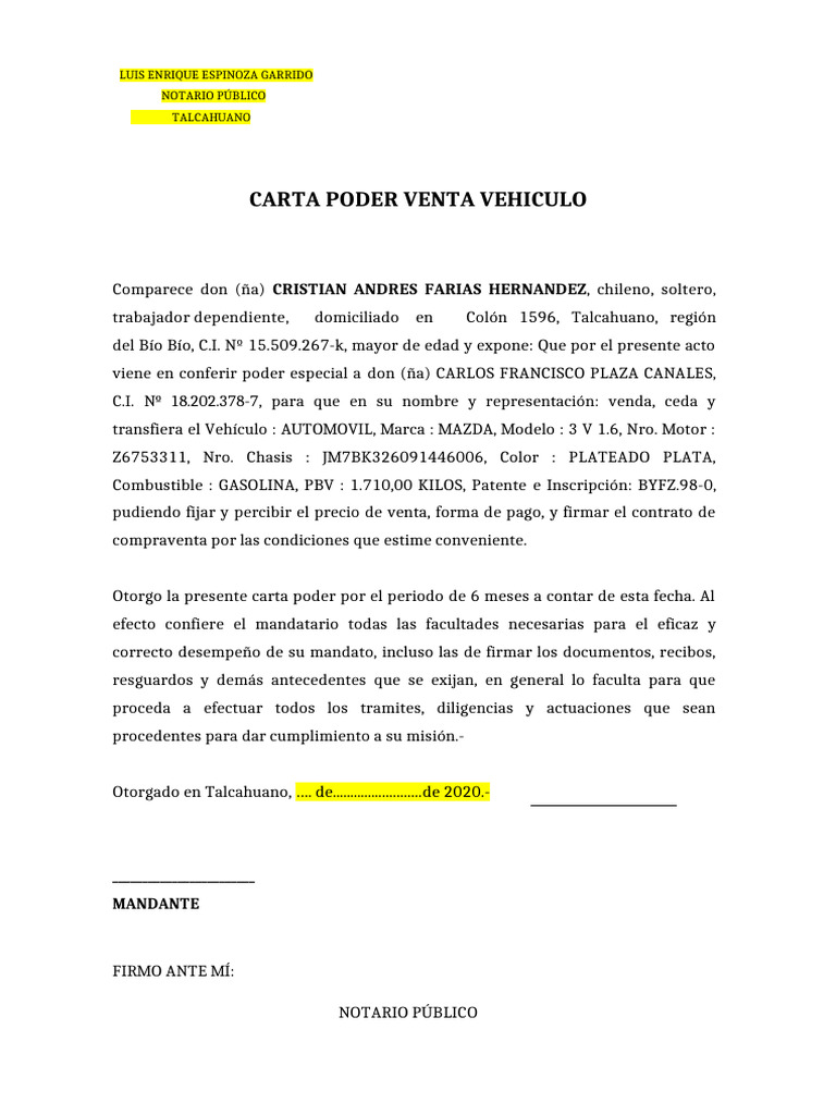 Carta Poder Venta Vehículo | PDF | Finanzas y dinero