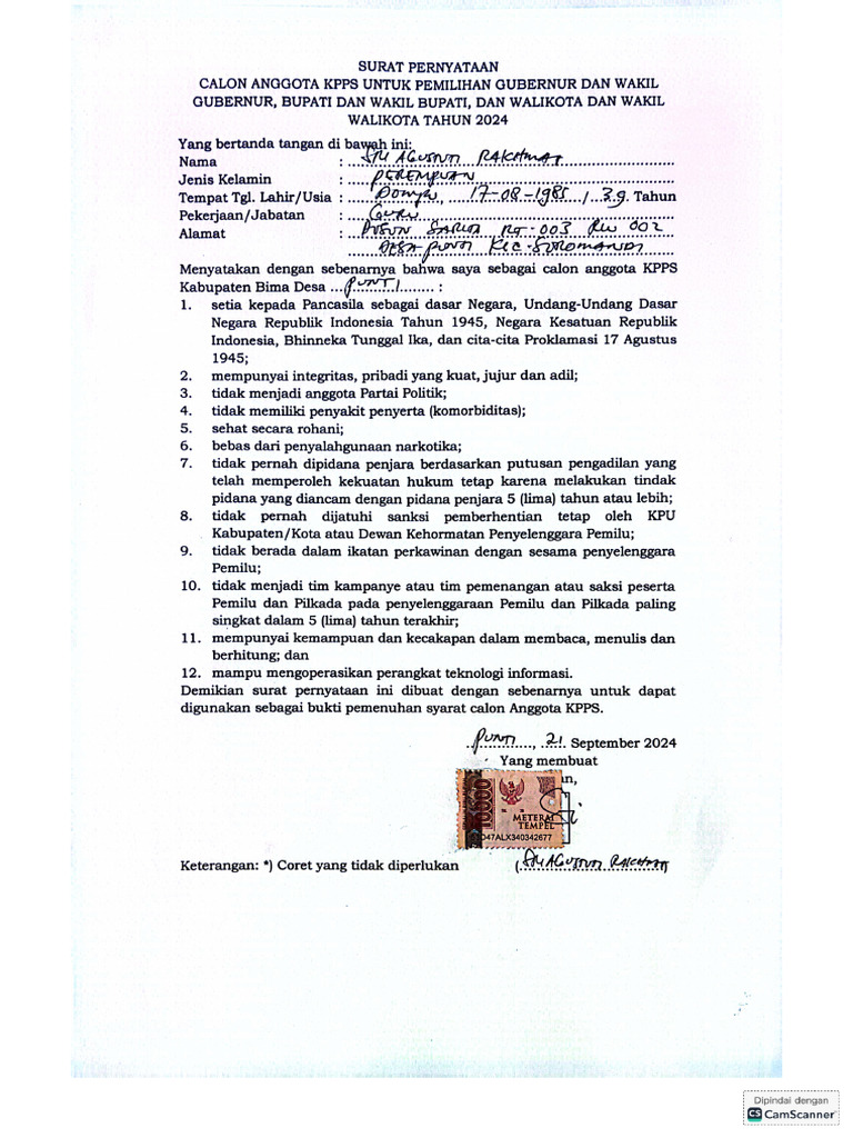 Surat Pernyataan Ibu Tuti | PDF