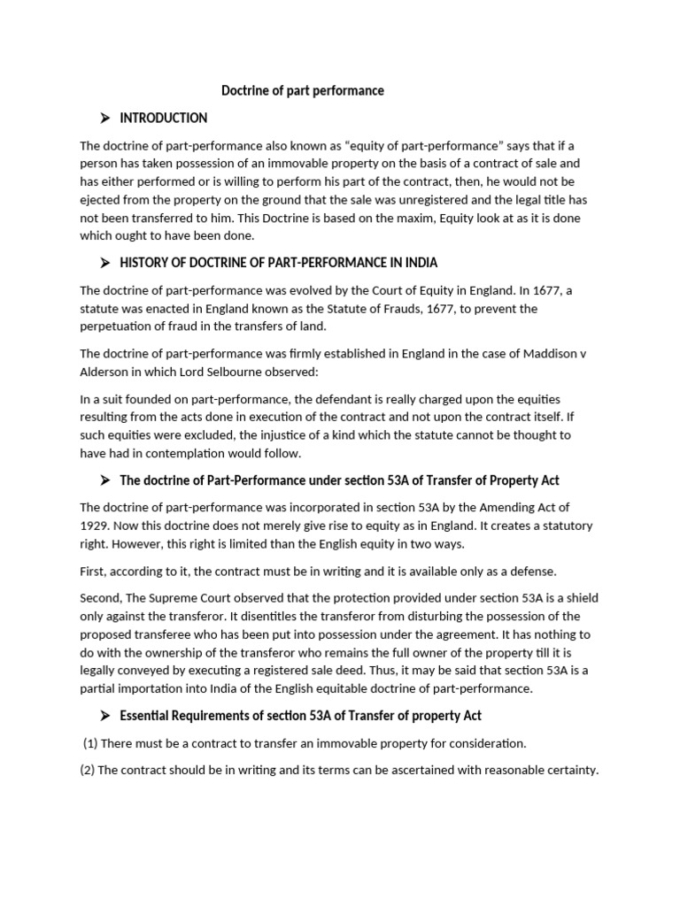 Doctrine of Part Performance | PDF | Equity (Law) | English Law