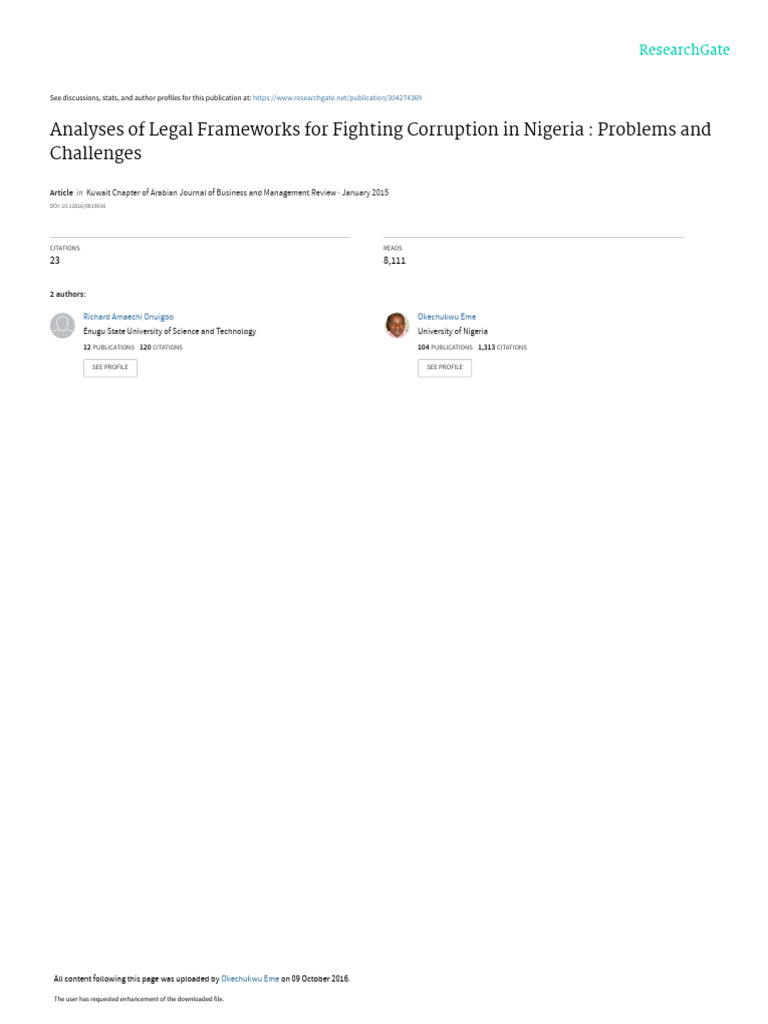 Analyses of Legal Frameworks For Fighting Corruption in Nigeria: Problems and Challenges | PDF ...