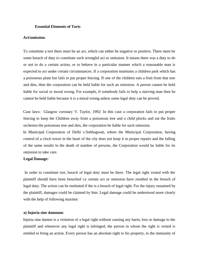 Essential Elements of Torts | PDF | Negligence | Tort
