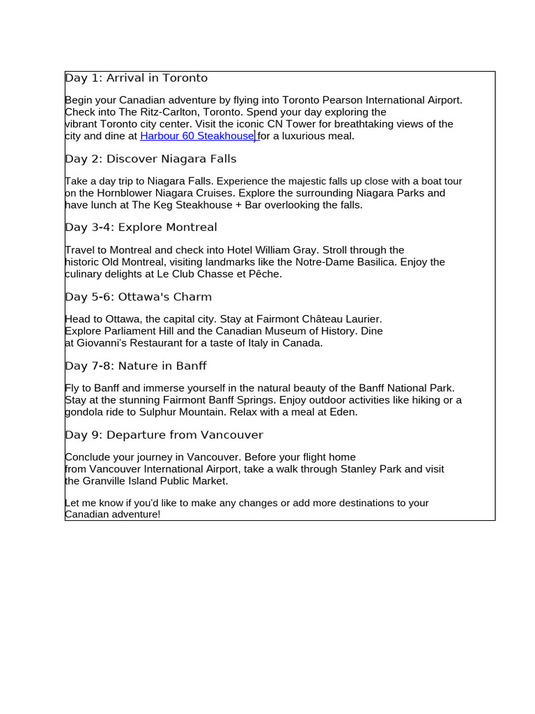 Canada Itinerary | PDF