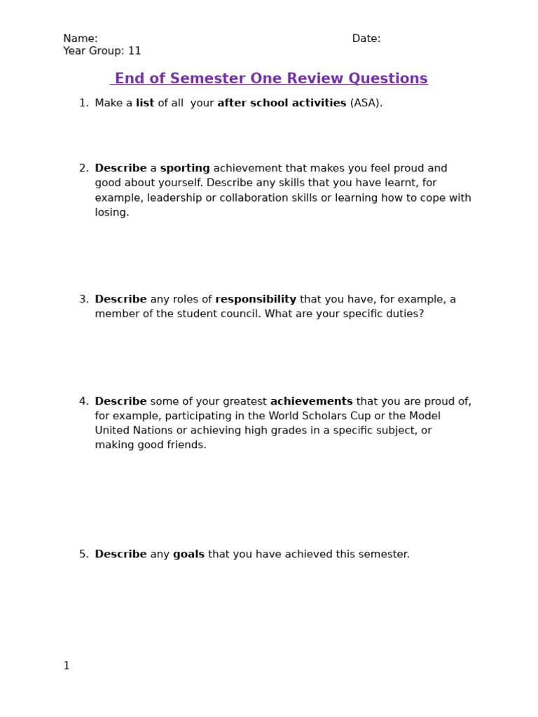 Year 11 Semester One Review Questions | PDF