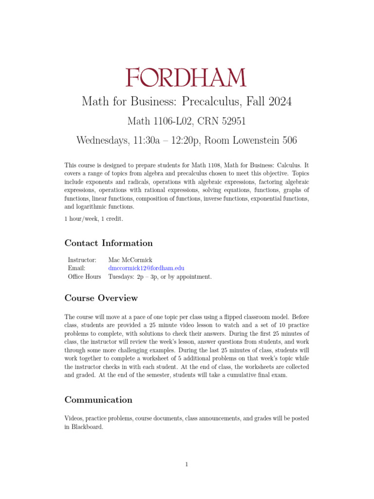 Fordham MATH1106 Syllabus | PDF | Function (Mathematics) | Exponentiation