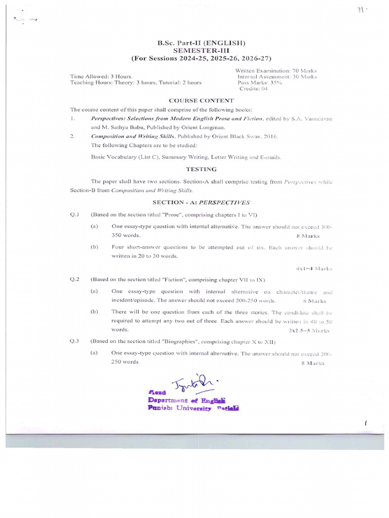B.Sc. Part II (Sem III & IV) Paper English | PDF