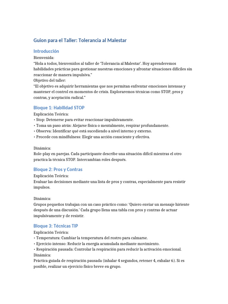 Guion Taller Tolerancia Malestar | PDF | Las emociones | Respiración