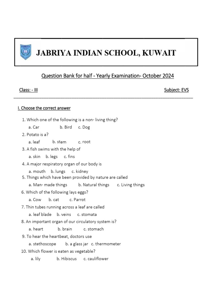 Class 3 Evs Revision Paper 2024 | PDF | Leaf | Foods