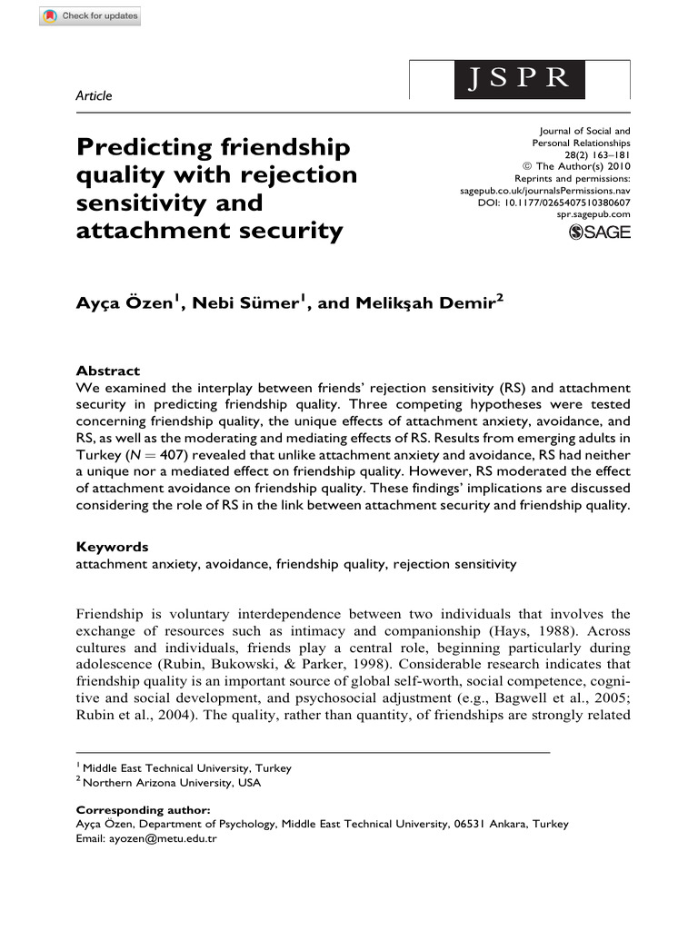 Ozen Et Al 2010 Predicting Friendship Quality With Rejection ...