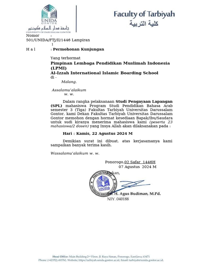 Surat Hantaran SPL Pba Al Izzah Malang 2024 | PDF