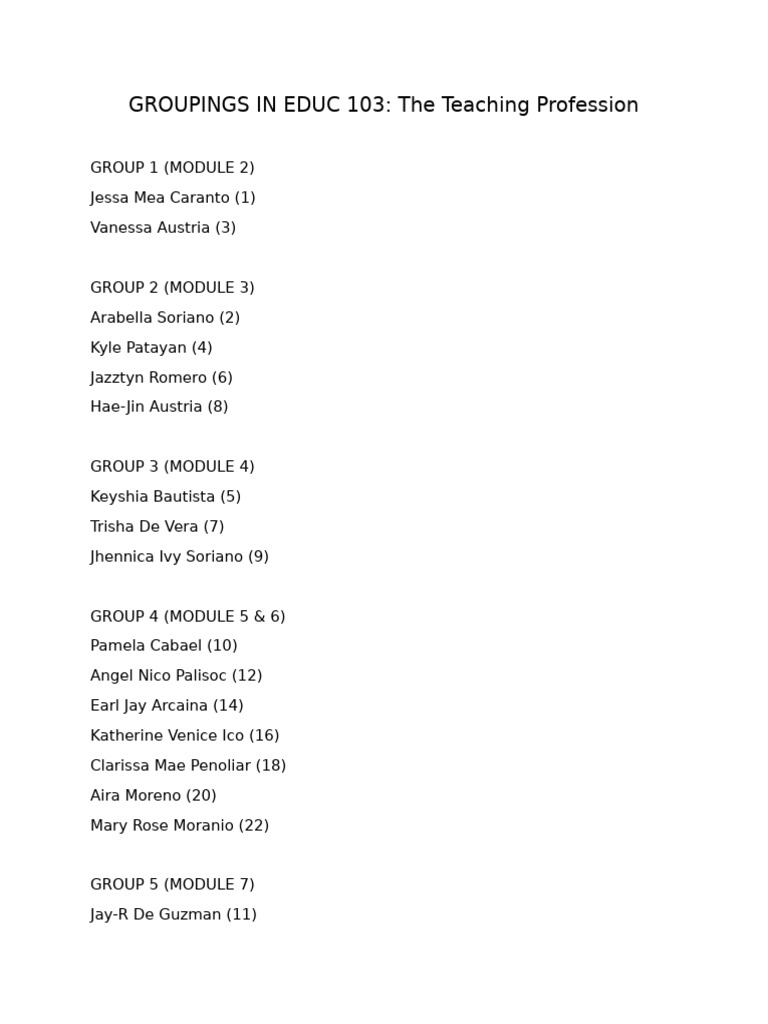 Groupings for EDUC 103 Modules | PDF