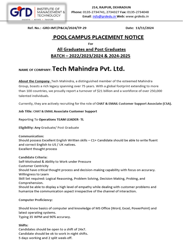 Placement Notice Final-Tech Mahindra | PDF | Interactive Voice Response | Computing