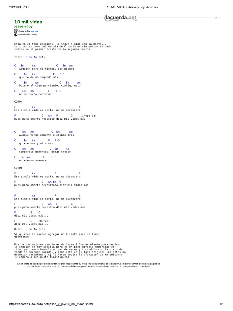 001-10 MIL VIDAS, Jesse y Joy - Acordes | PDF