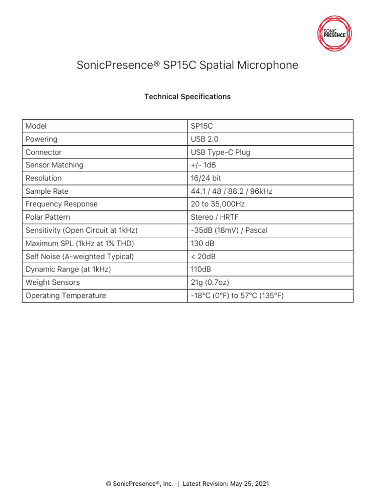 SP15C Tech Specs Sheet | PDF