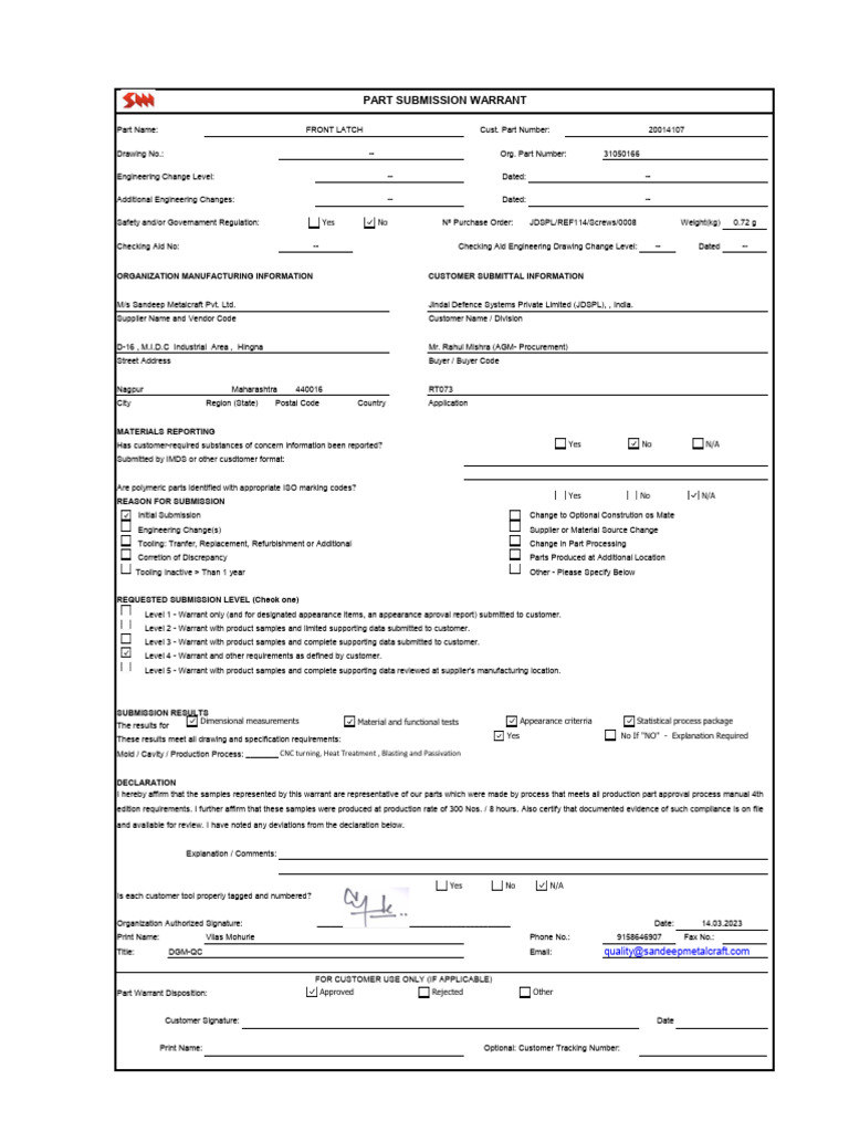 Part Submission Warrant: Yes No | PDF | Procurement