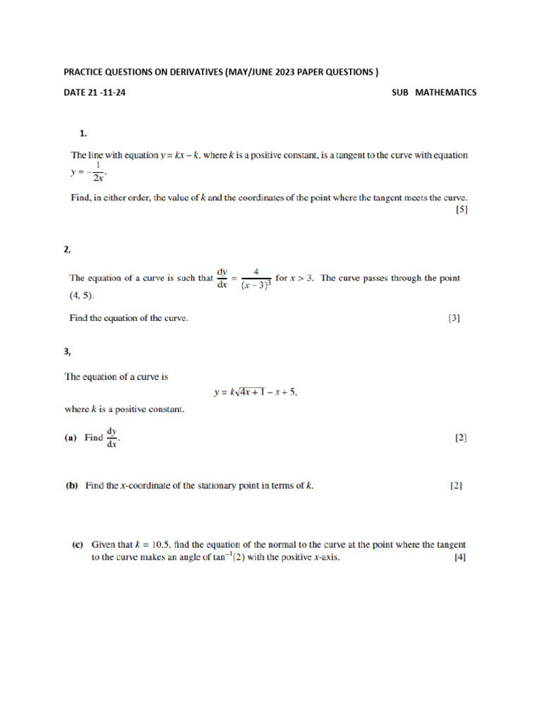 Practice Questions On Derivatives | PDF | Science & Mathematics