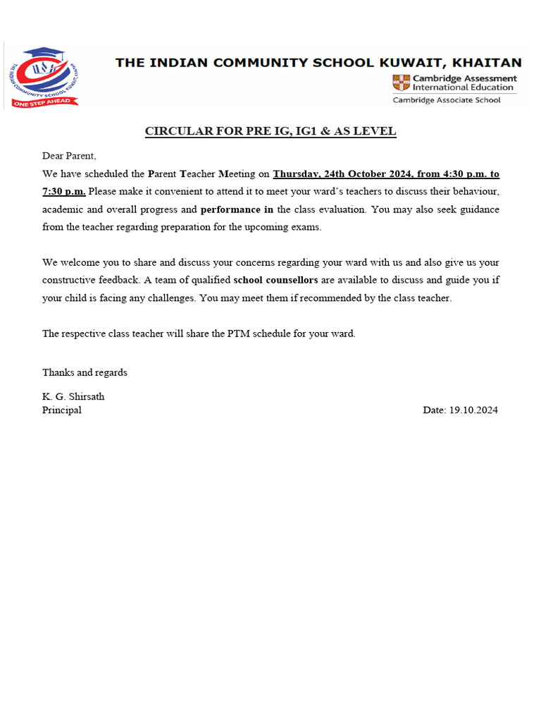 PTM 24.10.24 (Pre Ig, Ig1 & As Level) | PDF