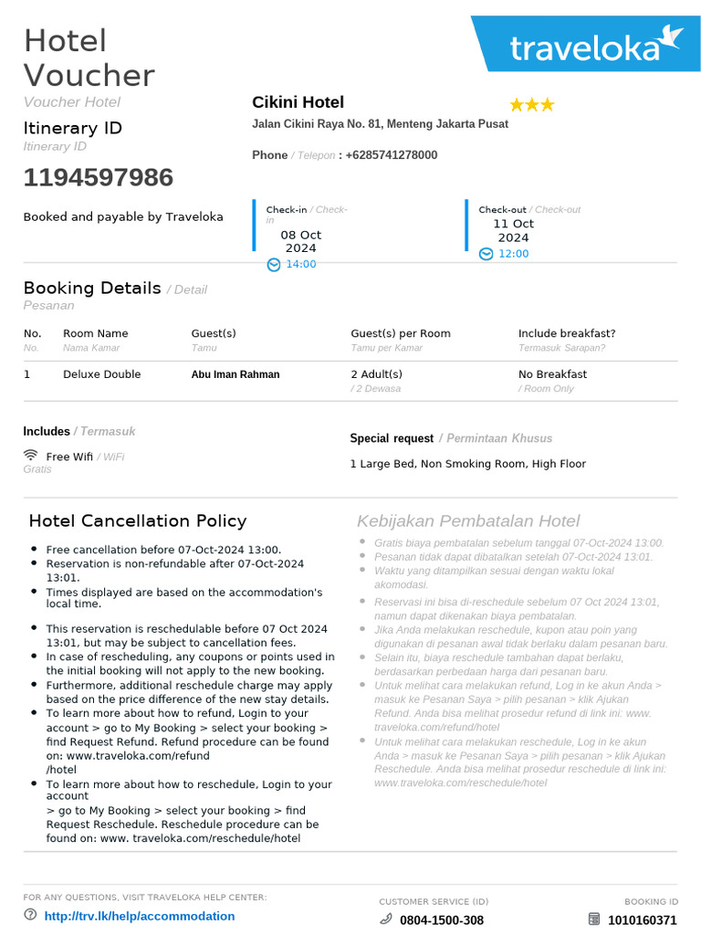 Cikini Hotel Booking Details | PDF