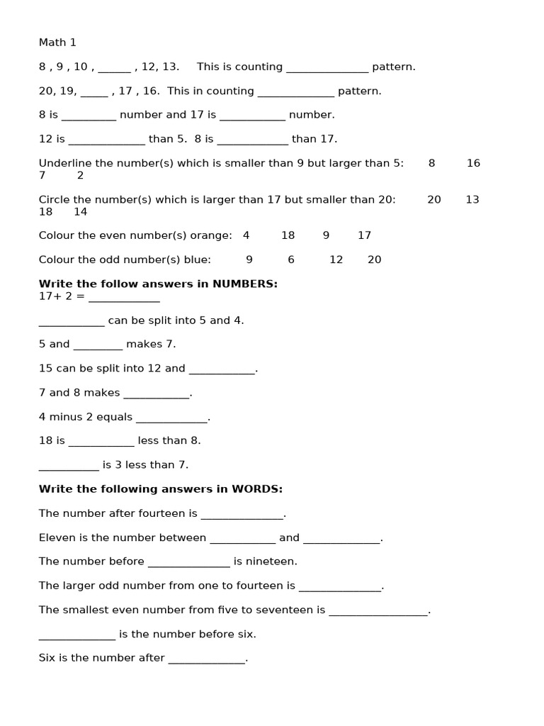 Counting and Number Patterns Worksheet | PDF