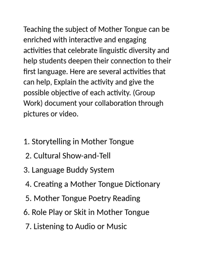 Engaging Mother Tongue Activities Guide | PDF | First Language ...