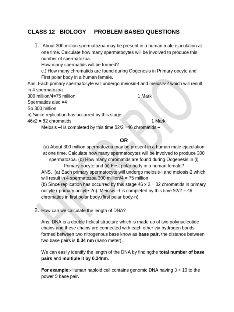 Class 12 Biology Questions | PDF | Base Pair | Meiosis