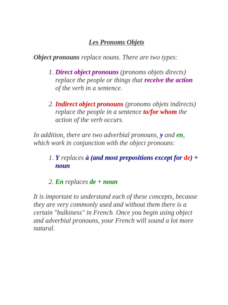 Les Pronoms Objets | PDF | Verb | Object (Grammar)