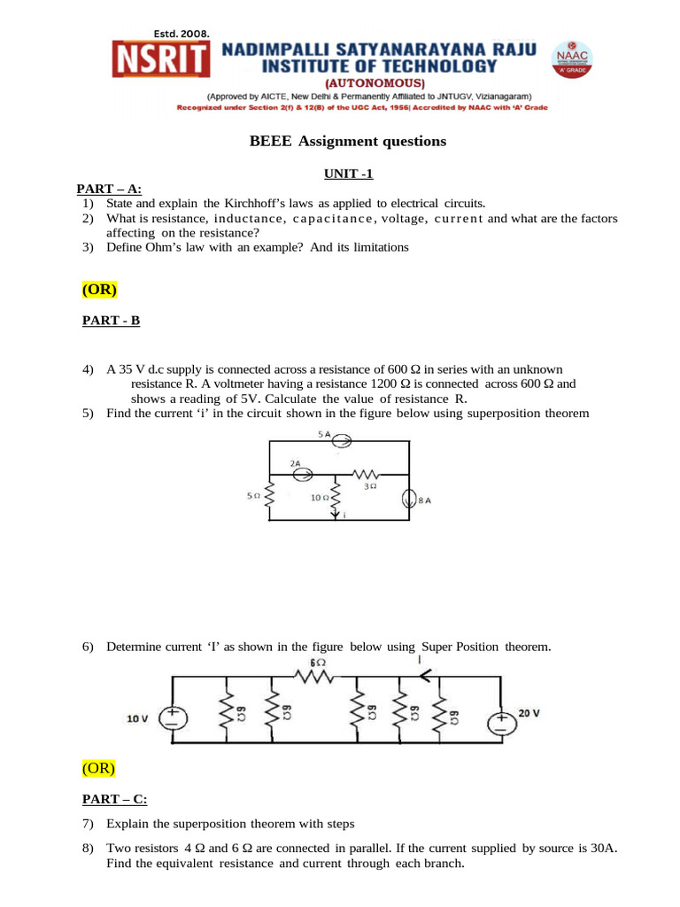 BEEE UNIT 1 Assignment Question Bank | PDF | Teaching Methods & Materials