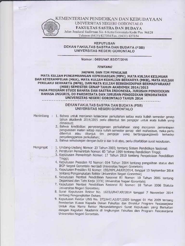 SK Dekan Jadwal Mata Kuliah Semester Genap 2014 2015 Prodi Pendidikan Sendratasik | PDF