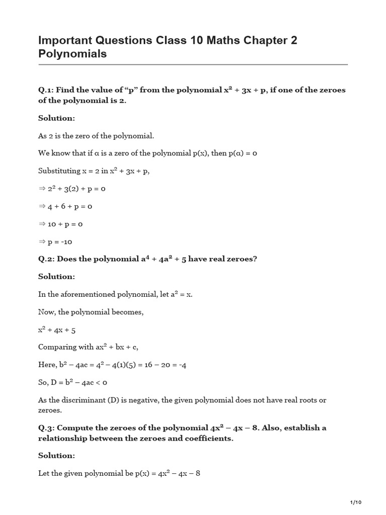 Class 10 Chapter 2 Maths Important Question | PDF | Zero Of A Function ...