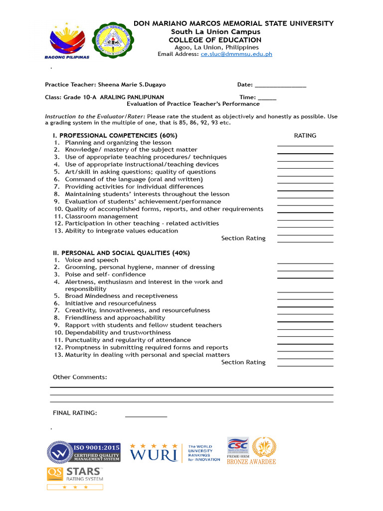 New Evaluation Form | PDF | Teachers | Cognition