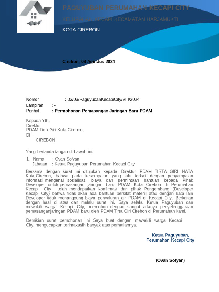 Permohonan Pemasangan PDAM+Pernyataan Developer | PDF