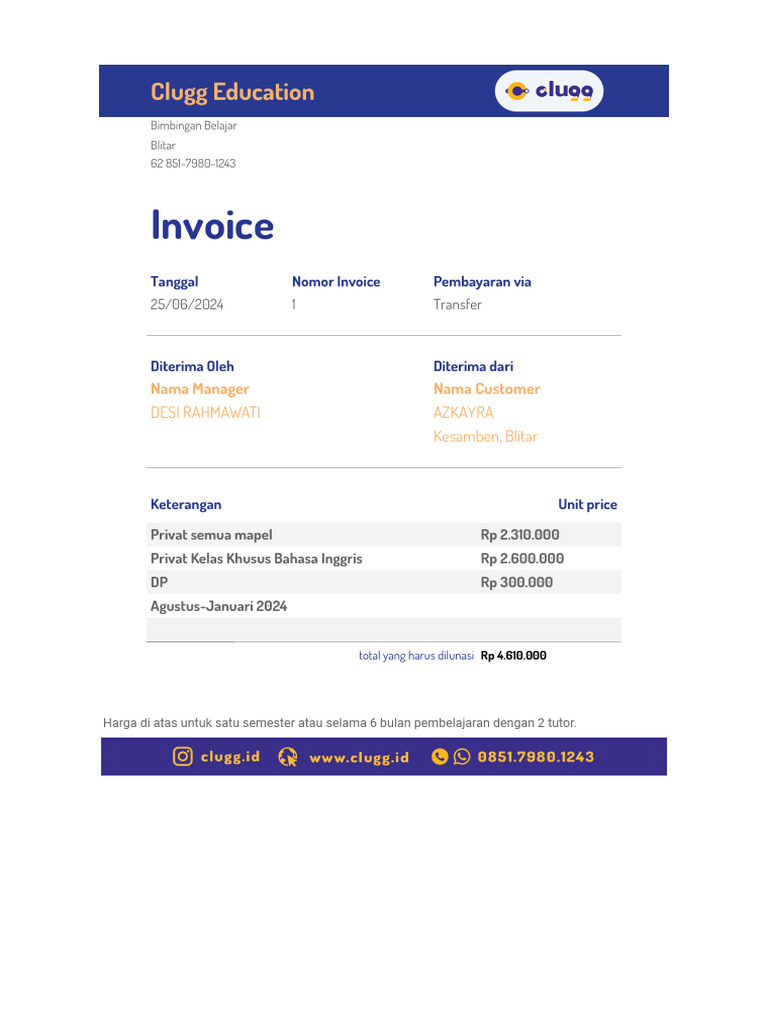 Invoice Bimbel Clugg Pendidikan Blitar | PDF
