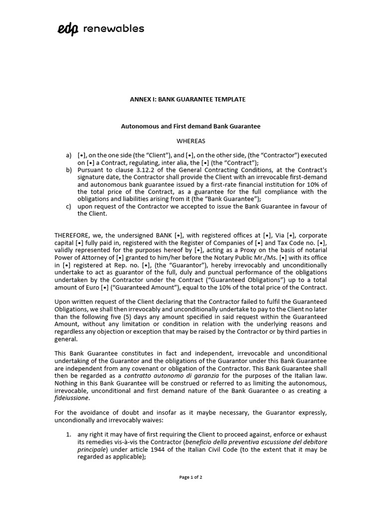 Annex - 1. Bank Guarantee Template | PDF | Surety | Guarantee