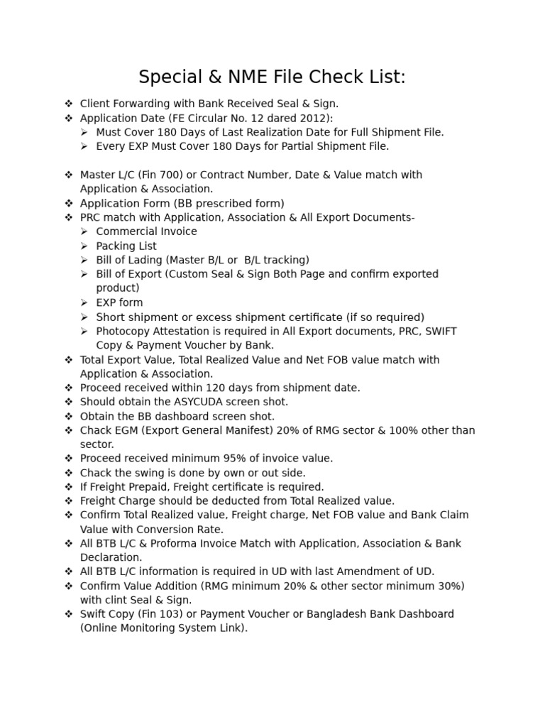 NME Documentation Checklist for Exports | PDF