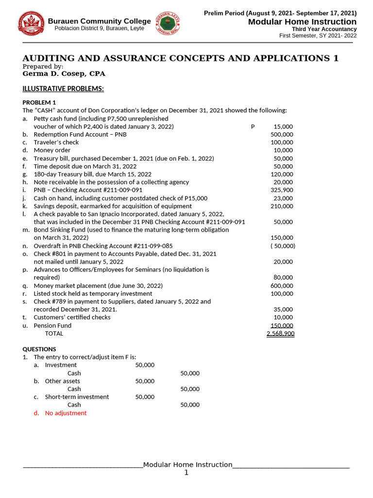 Auditing and Assurance Concepts and Applications 1-Prelims-Module 1 - Problems | PDF | Banks ...
