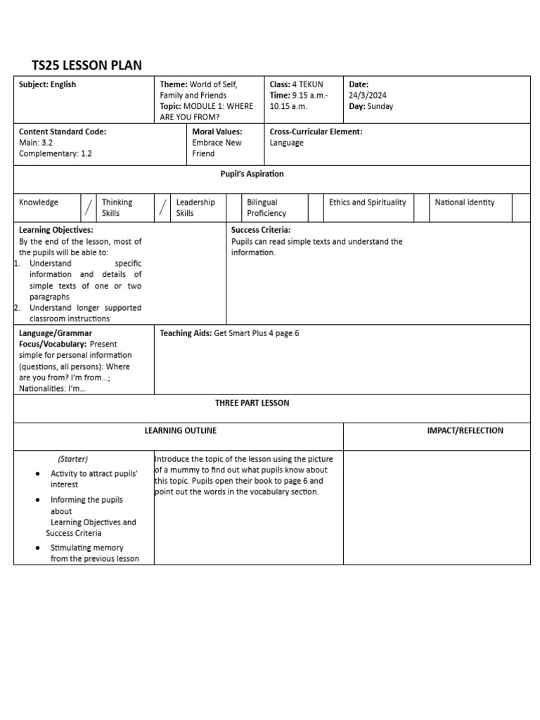 Ts25 Lesson Plan: (Starter) | PDF | Lesson Plan | Vocabulary