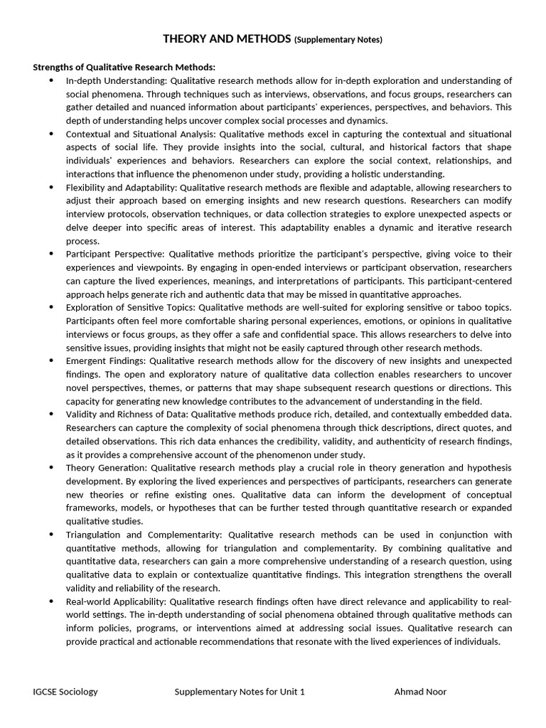 THEORY AND METHODS - IGCSE Sociology | PDF | Qualitative Research ...