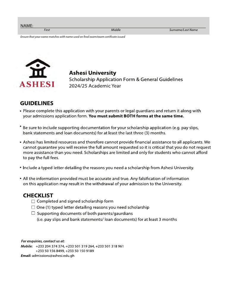 Ashesi Admissions Scholarship Application Form 2024 | PDF | Vehicles