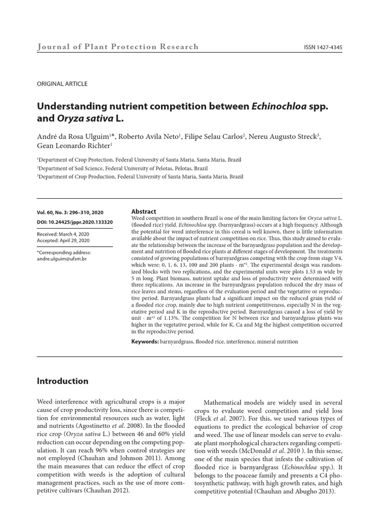 Understanding Nutrient Competition Between Echinochloa Spp. and Oryza ...