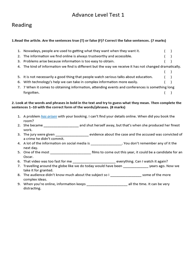 Advanced Reading Test Prep | PDF