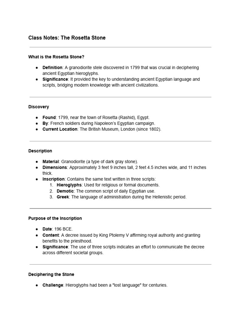 Class Notes - The Rosetta Stone | PDF | Egyptian Hieroglyphs | Ancient ...
