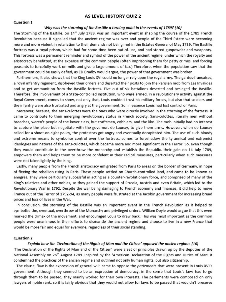 As Level History Quiz 2 | PDF | Citizenship | Reign Of Terror