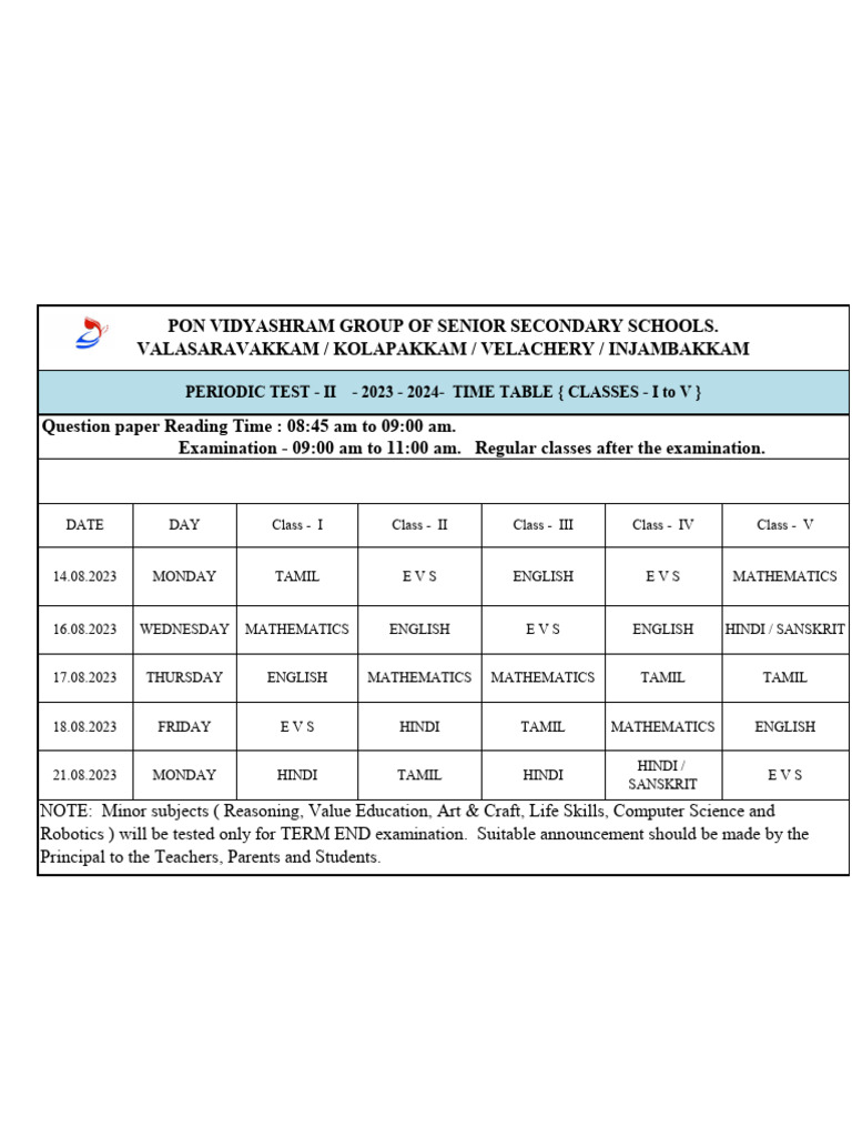 STD - I To V - Periodic Test - II Time Table - 2023-24 | PDF