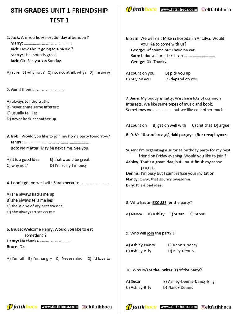 Unit 1 Friendship Tests | PDF