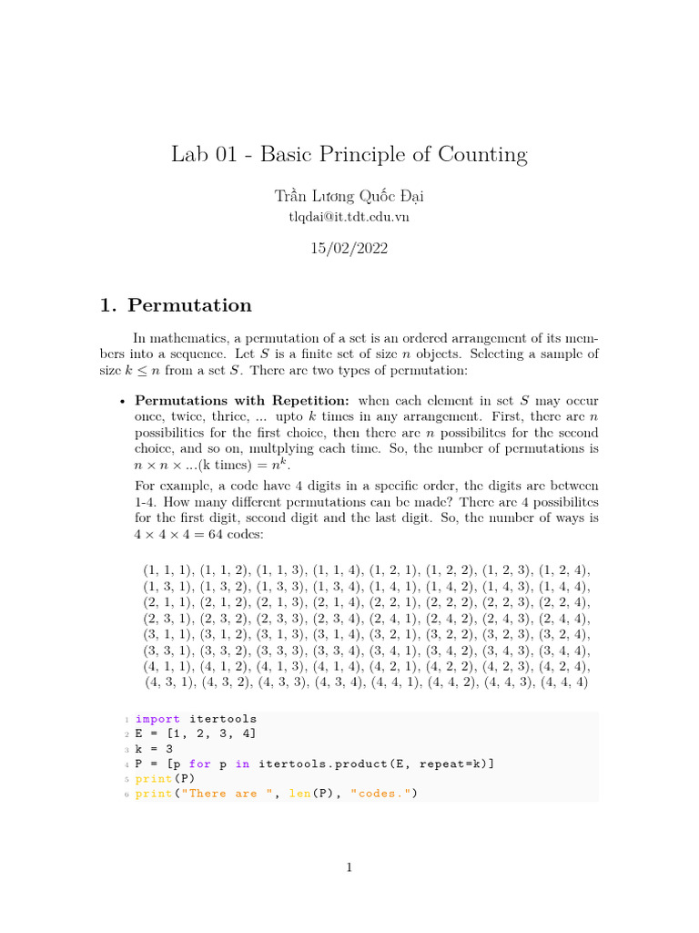 Lab 01 - Basic Principle of Counting | PDF | Discrete Mathematics | Mathematical Concepts