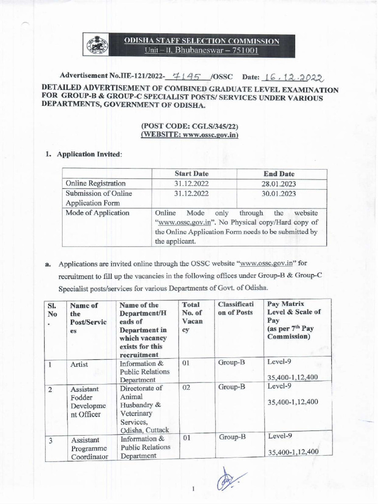 Notification OSSC Combined Graduate Level Posts | PDF
