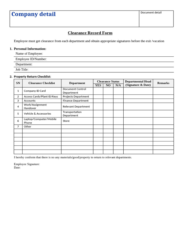 Clearance Record Form | PDF