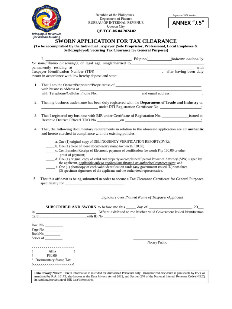 Sworn Application For Tax Clearance For General Purposes (Individual ...