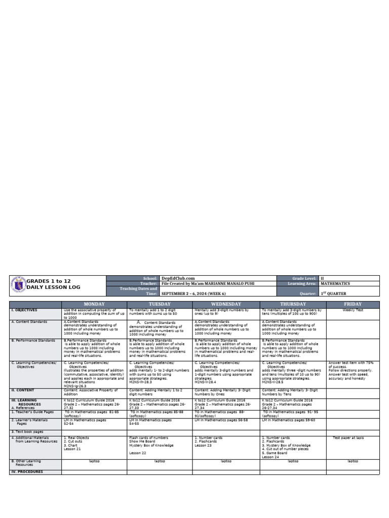 DLL - Mathematics 2 - Q1 - W6 | PDF | Curriculum