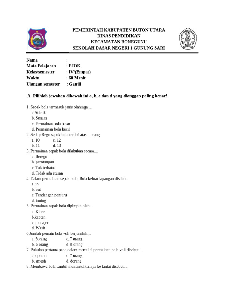 Soal Ulangan Ganjil Kls 4 | PDF