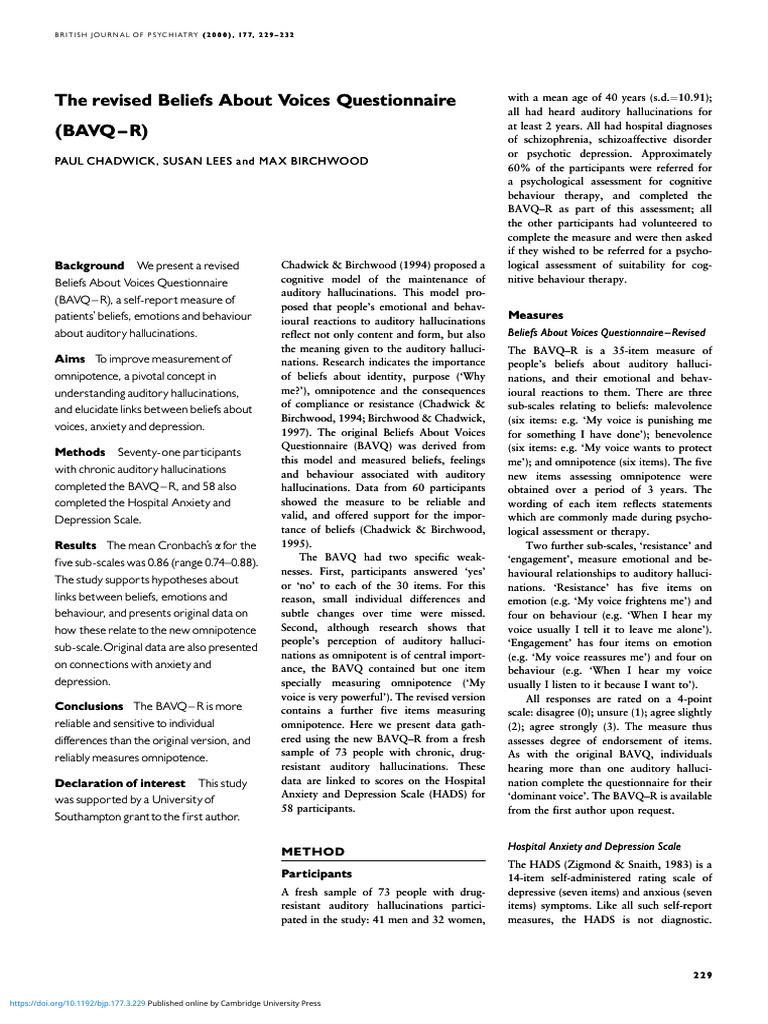 Div Class Title The Revised Beliefs About Voices Questionnaire Bavq R Div | PDF | Standard ...